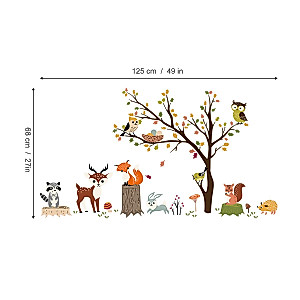decalmile Woodland Wall Decals Animals Tree Owl Fox Deer Wall Stickers Kids Bedroom Baby Nursery Wall Decor