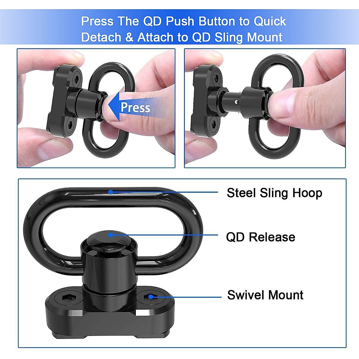 HANAMO 2 Point Sling Two Point Sling with 2 Pack QD Sling Swivels & QD Sling Mount black