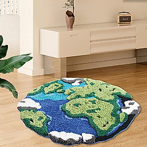 Taikoory Earth Rug World Map Rug - Moss Rug Science Rug Circle Rug for Classroom Kids Rug, Cute Bath Mat Machine Washable Area Rugs for Bedroom Aesthetic Bathroom Small Round Rug (32" x 32")