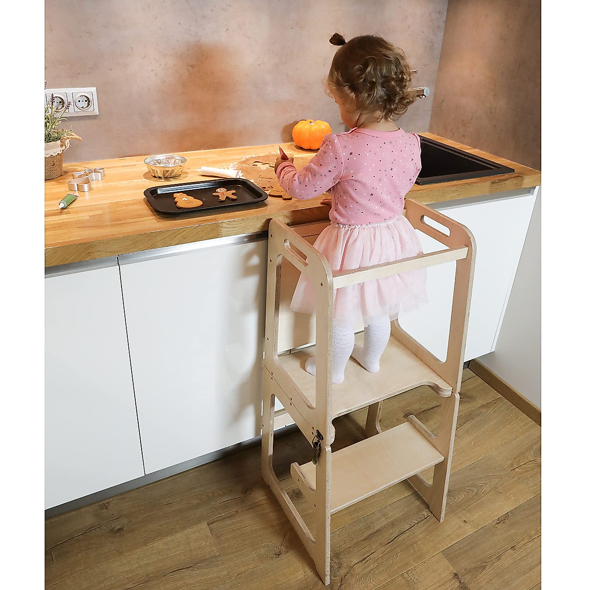 Foldable Montessori helper tower - Table & Chair with Chalkboard All-In-One (Natural lacquered)