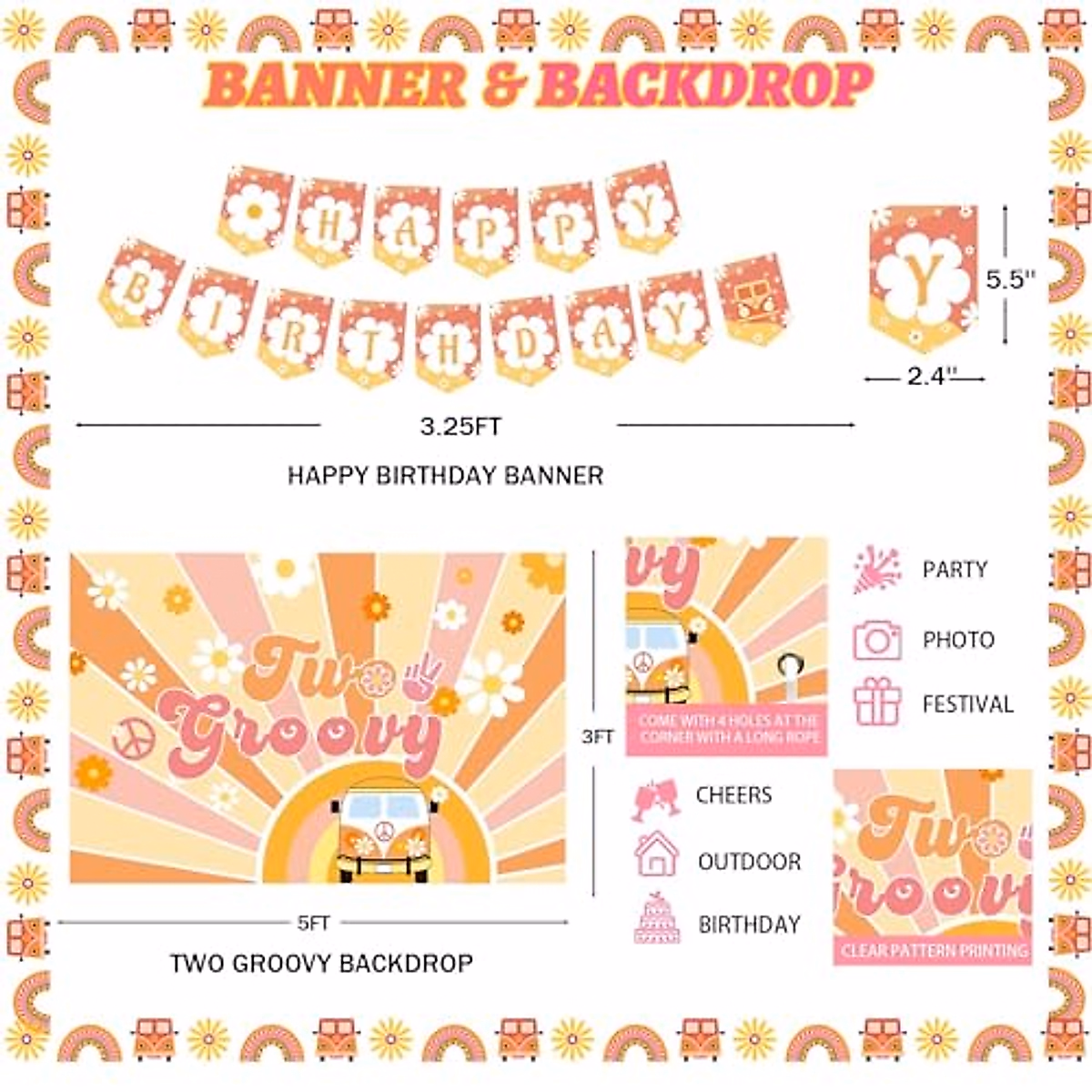 122 PCs Two Groovy Party Decorations, Fiesec Two Groovy Boho Daisy Hippie Second Birthday Party Backdrop Balloon Garland Banner Tablecloth Cake Cupcake Topper Crown Poster