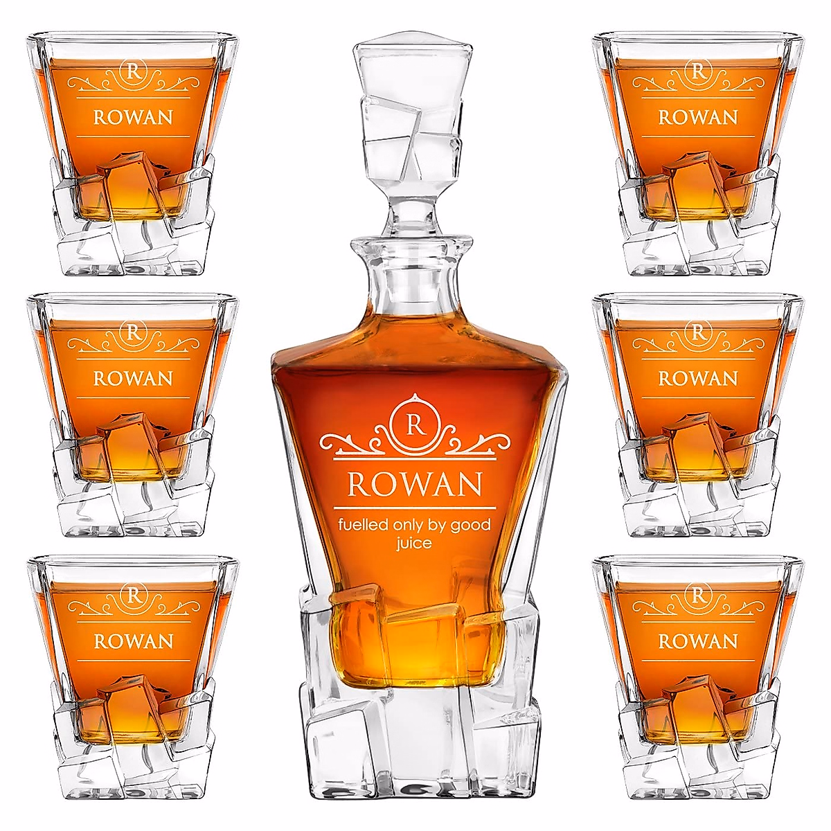 Maverton Personalized Whiskey Decanter and 6 glasses for man - Elegant Whiskey set with engraving - Ice cubes model - Stylish barware for birthday - For whisky connoisseurs - JUICE