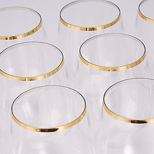 Efavormart 12 Pack - 14oz Clear Disposable Wine Glasses, Plastic Stemless Wine Tumbler with Gold Rim for Parties, Weddings, Picnics, Catered Events