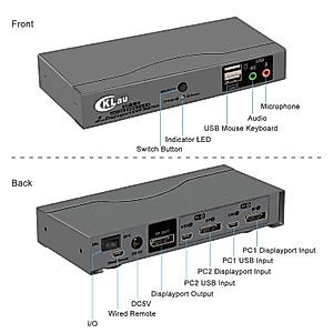 CKLau 4Kx2K@60Hz 2 Port Displayport KVM Switch with Audio and Cables, DP 1.2 Dual Port KVM Switch Displayport for 2 Computers Sharing Single Keyboard Mouse Monitor
