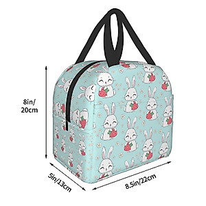 Ucsaxue Cute Bunny With Strawberry And Flowers Lunch Box Reusable Lunch Bag Work Bento Cooler Reusable Tote Picnic Boxes Insulated Container Shopping Bags For Adult Women Men