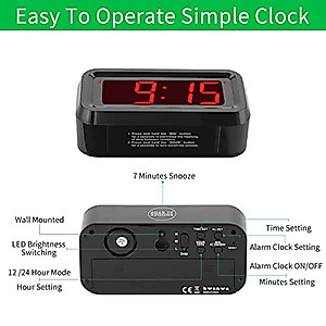 KWANWA Alarm Clock, Wall Clock, Battery Operated, Adjustable 3-Level Led Brightness, Dim Night Model, 12/24Hr, Cordless, Constantly 1.2'' Red Digits Display, Small Clock for Bedroom