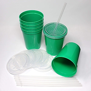 Rolling Sands 16 Oz. Reusable Plastic Stadium Cups with Lids, 6 Pack, USA Made Plastic Tumblers and Lids, Includes 6 Reusable Straws; Dishwasher Safe, Green