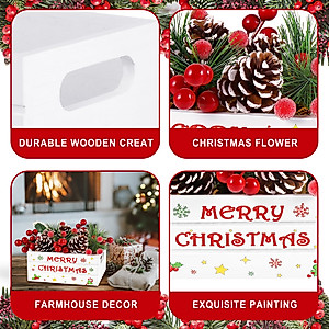 Christmas Table Centerpieces Mini Merry Christmas Wooden Crate, Christmas Tiered Tray Decorations Christmas Flower Arrangements with Pinecone Red Berries for Tiered Tray Shelf Table Kitchen Home Decor