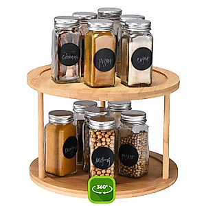 Bamboo Turntable Lazy Susan Rotating Spice Rack - 2 Tier Rotating Spice Rack, Lazy Susan Rotating for Kitchen, Spice Carousel for Cabinets and Pantry - Wooden 2 Tier Lazy Susan Rotating Turntable