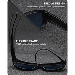 Meeloog Polarized Fit Over Glasses Sunglasses For Men, Rectangle Wrap Around Sun Glasses for Driving Riding Fishing MST0006 (P1 Black Frame/Blue Mirrored Lens)