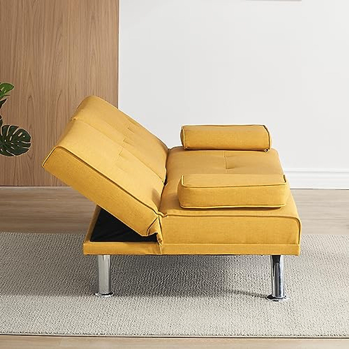 ME2 67" Sleeper Sofa Faux Leather Futon Sofa Bed w/Removable Armrests & Cupholders, Convertible Upholstered Folding Loveseat Folding Daybed Guest Sofa Bed for Living Room,Apartment,Dorm,Yellow