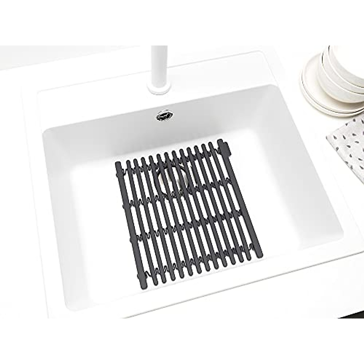 Brabantia Extendable Dish Drying Mat (Dark Gray) Silicone Washing Up Dish Draining Tray, Heat Resistant