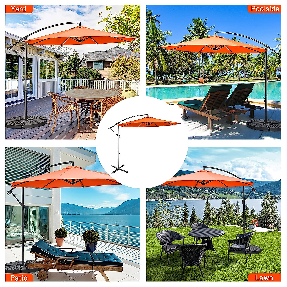 Tangkula 10 FT Patio Offset Umbrella with 8 Ribs, Outdoor Cantilever Umbrella with Cross Base and Crank, Market Hanging Umbrella for Garden, Poolside and Backyard (Orange)
