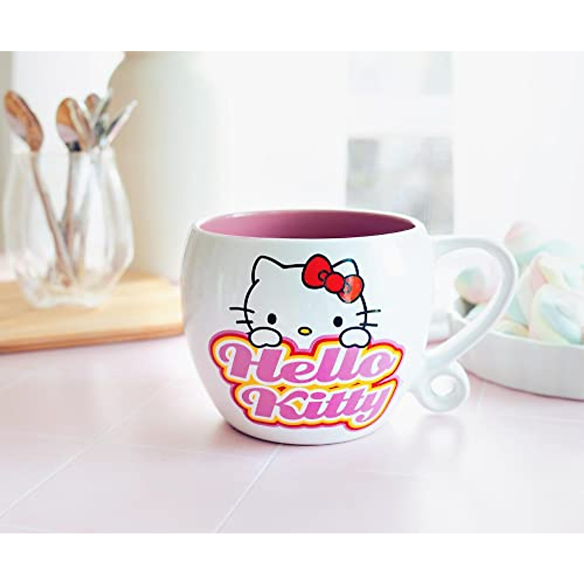 Sanrio Hello Kitty Hearts Ceramic Coffee Cup With Loop Handle | Mug For Tea, Espresso, Cocoa | Holds 16 Ounces