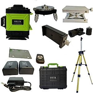 OHIIK 3X360 Laser Level Green 12 Lines Laser-4 Vertical Lines 8 Horizontal Lines with Tripod,2 Li-ion Batteries and Hard Carry Case