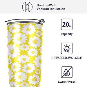 ALAZA White Daisy Flower on Yellow Insulated Travel Tumbler Mug with Lid & Straw Double Wall Vacuum Water Bottle Car Cup Stainless Steel, Hot and Cold Thermos, 20oz