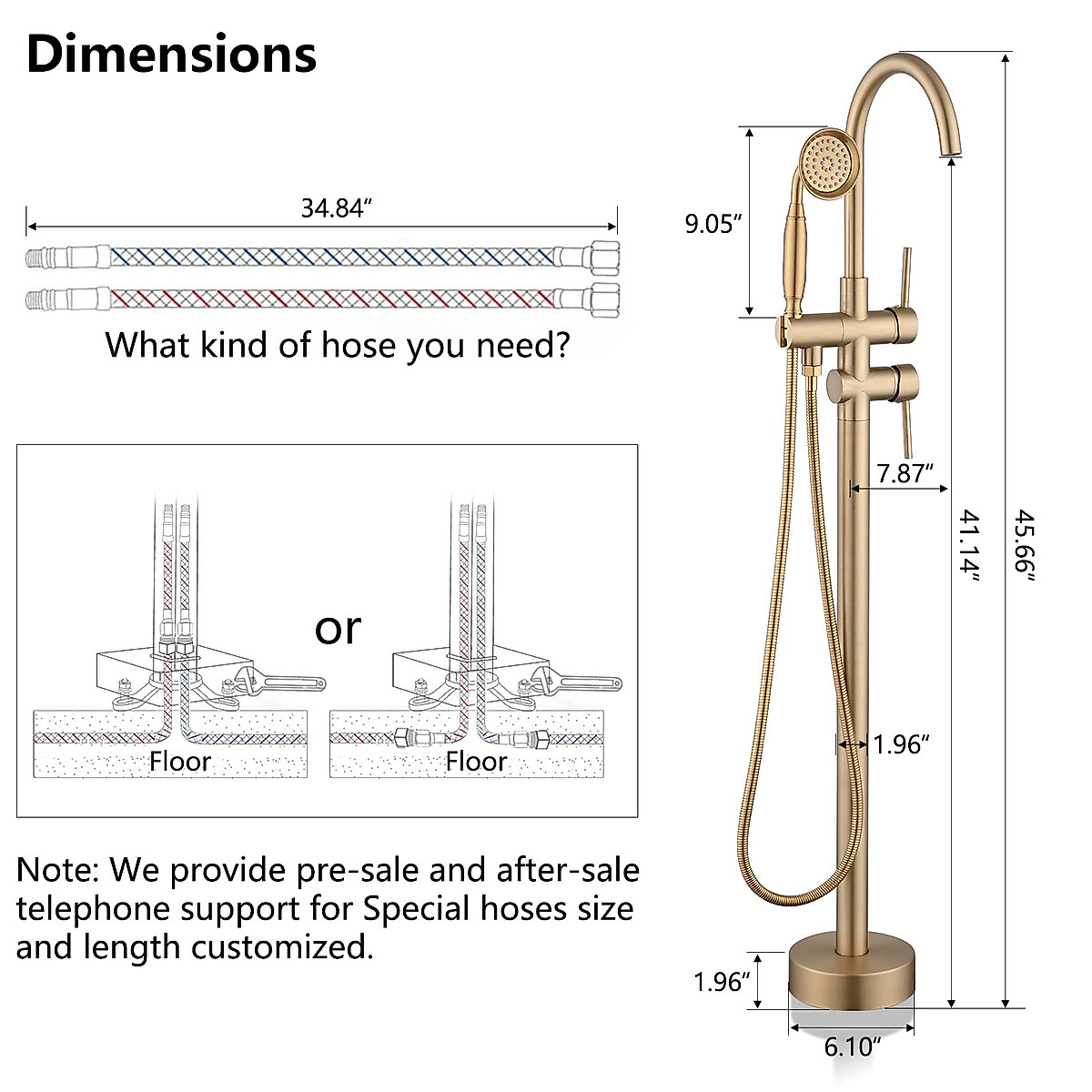 PROOX Freestanding Bathtub Faucet Floor Mounted, High Flow Free Standing Tub Filler with Hand Sprayer, Swivel Spout - Brushed Gold