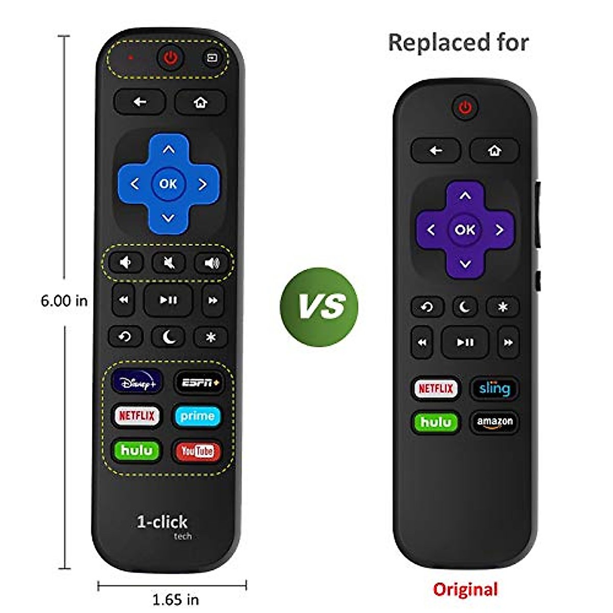 1-clicktech for【Roku TV & Roku Box】 Remote Control - TCL Hisense ONN Sanyo Sharp Hitachi Element Insignia Westinghouse LG JVC Magnavox Roku TV, w/ 12 Opt. Channels [NOT for Stick] (2 Pack Remote)