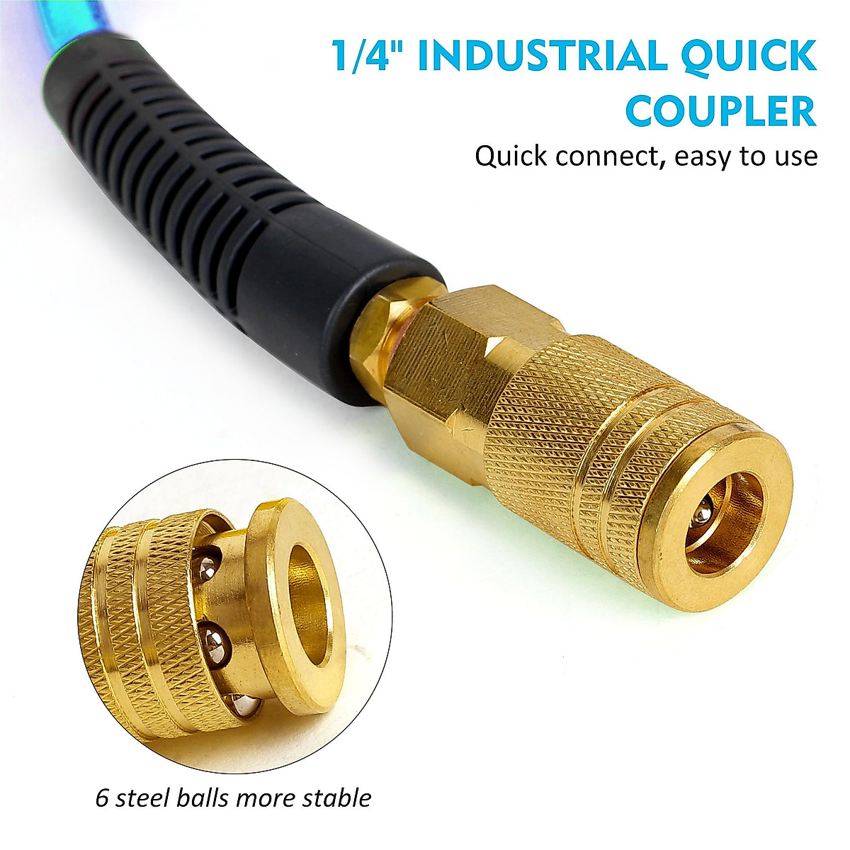 FYPower Air Compressor Hose 1/4 Inch x 50 Feet Reinforced Polyurethane (PU) Air Hose with Fittings, Bend Restrictors, 1/4" Industrial Quick Coupler and Plug Kit, Blue