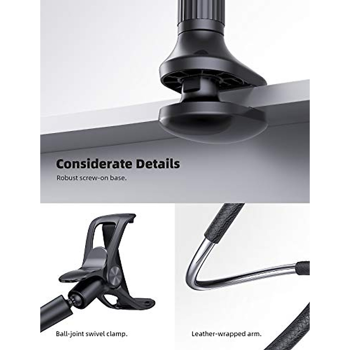 Lamicall Gooseneck Phone Holder for Bed - Overall Length 38.6in, Flexible Leather Wrapped Arm, 360 Adjustable Clamp Clip, Overhead Cell Phone Mount Stand for Desk, Compatible with All Cellphone (4-7”)