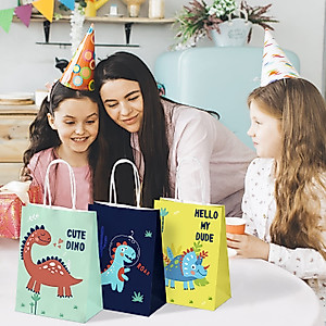 PINWATT 30Pcs Cute Dinosaur Gift Bags with Handles, 8.7 inches Small Paper Bags, Party Treat Favor Bags, Goodie Bags for Birthday, Baby Shower, Christmas, Halloween, Graduations,Party Supplies