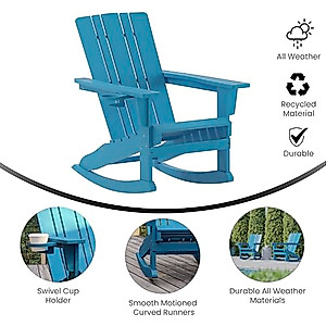 Flash Furniture Halifax Adirondack Rocking Chair with Cup Holder, Weather Resistant Poly Resin Adirondack Rocking Chair, Blue