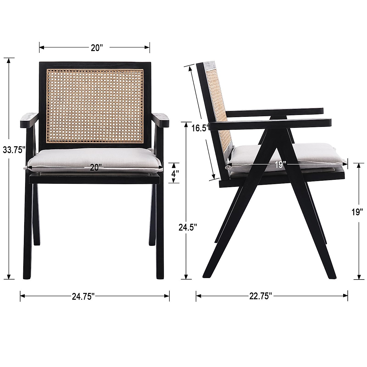 Guyou French Rattan Woven Dining Chairs Set of 6, Upholstered Dining Room Arm Chairs with Cane Back Mid Century Retro Side Chairs (Black Finish and Cream Fabric)