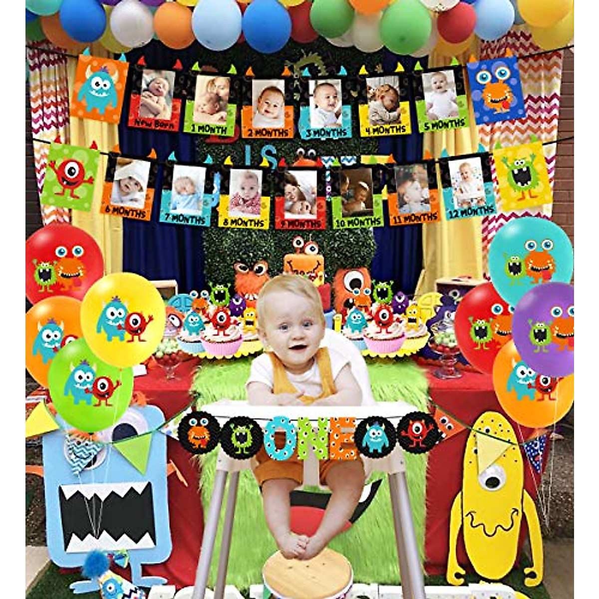 Monster 1st Birthday Decorations Kit - Monster Bash Photo Banner Balloons Cupcake Toppers for Little Monster Party Supplies