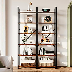 MXV Double Wide Book Shelf, Industrial Bookshelf with Metal Frame, Open Large Book Shelf, Wood and Tall Display Shelves for Home and Office, 6-Tier, Rustic Brown and Black