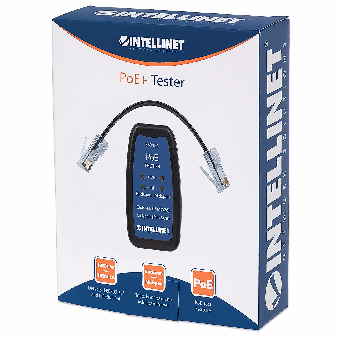 Intellinet RJ45 Poe+ Ethernet Tester – Cat6 Network Cable Checker for LAN Internet Ports, Tests Endspan Midspan Power, Detects IEEE802.3af and IEEE802.3at – 3 Yr Mfg Warranty - 780131