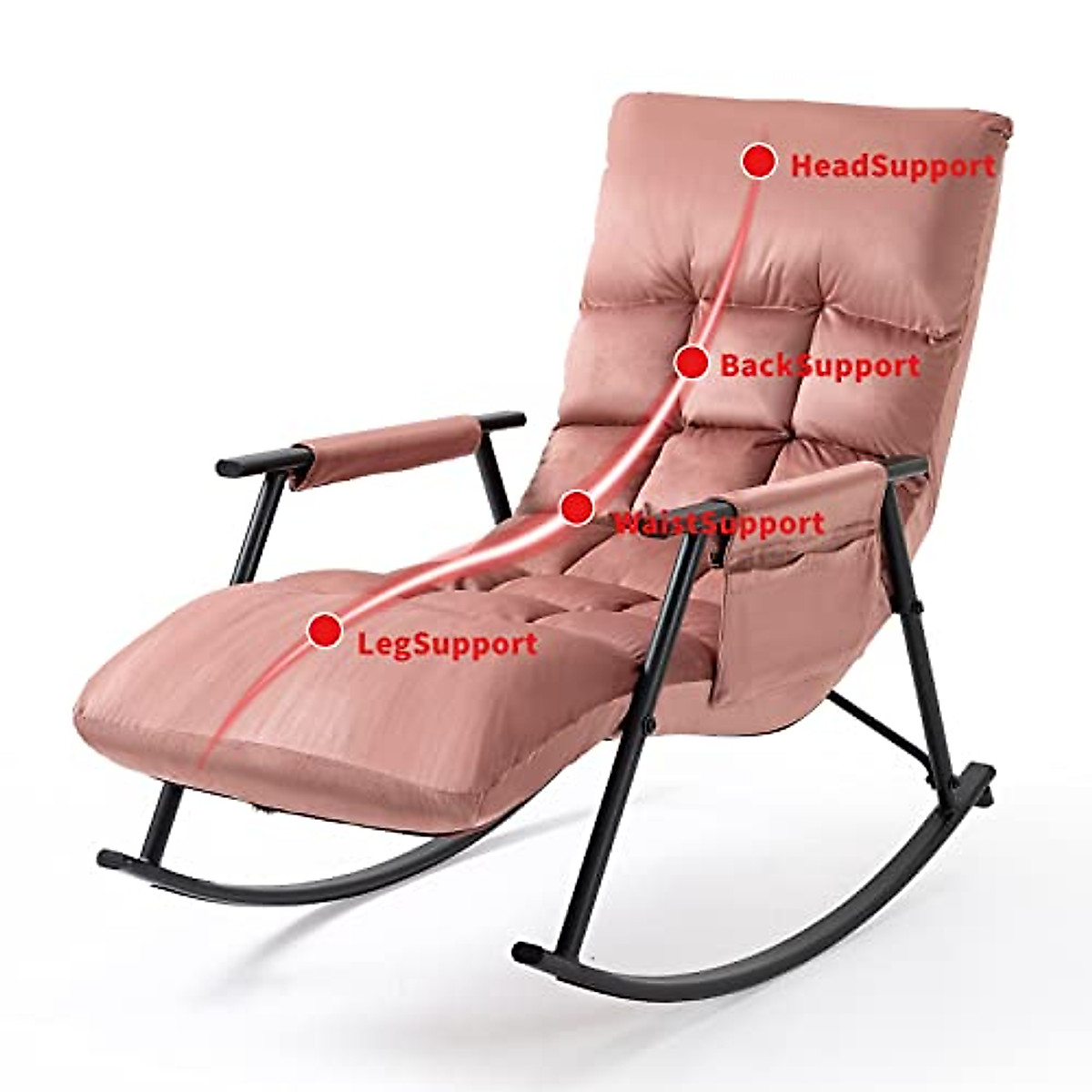 ZJhome Velvet Accent Folding Rocking Recliner Chair Nursery with Side Pocket Adjustable High Back & Foot Rest, Comfortable Upholstered Nursing Glider Rocker Armchair for Living Room, Bedroom(Pink)