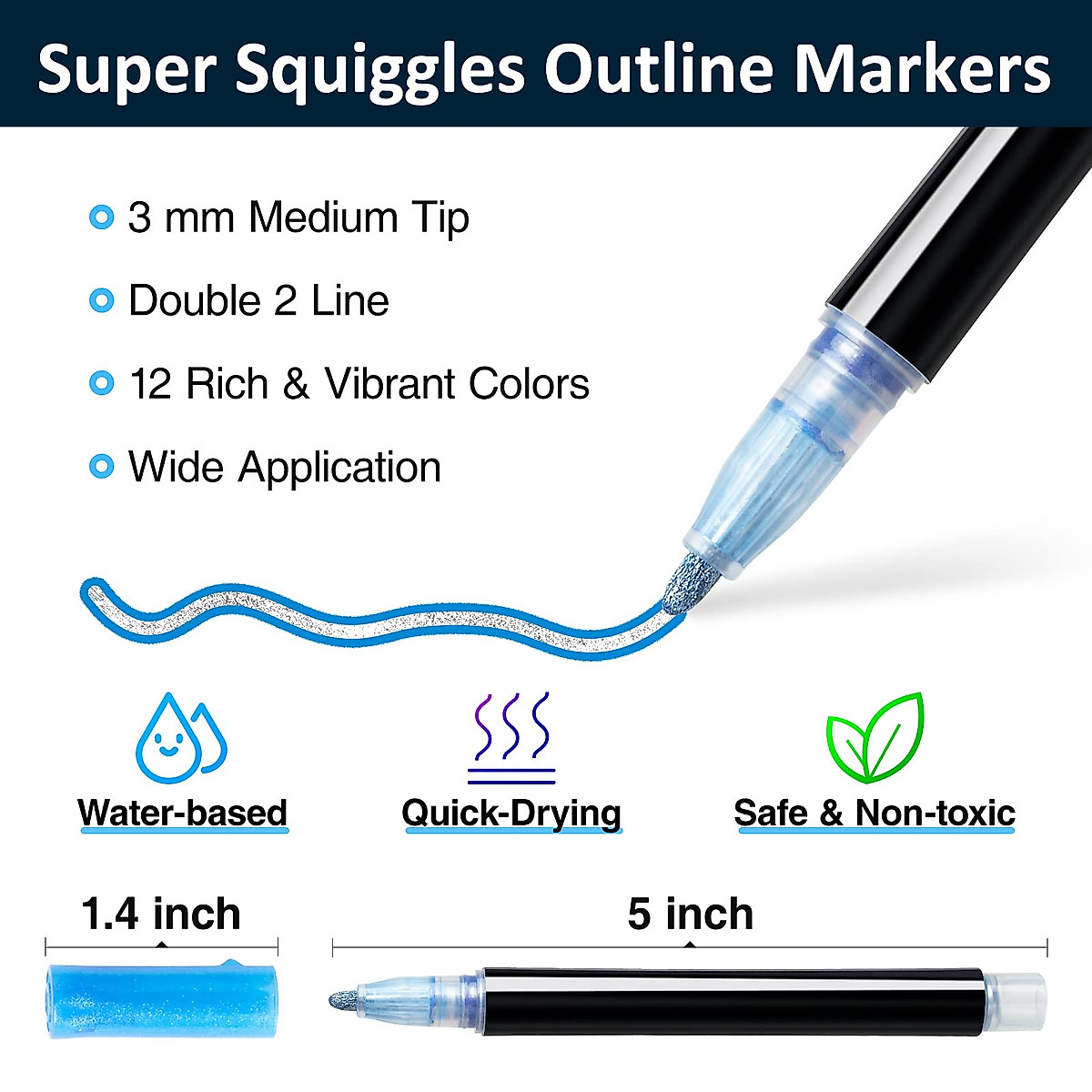 KERIFI Super Squiggles Double Outline Markers 12 Colors Supersquiggles Double Line Self Outline Metallic Markers, Shimmer Glitter Pens Set for Christmas Card, Easter Eggs, Scrapbook, DIY Art Crafts