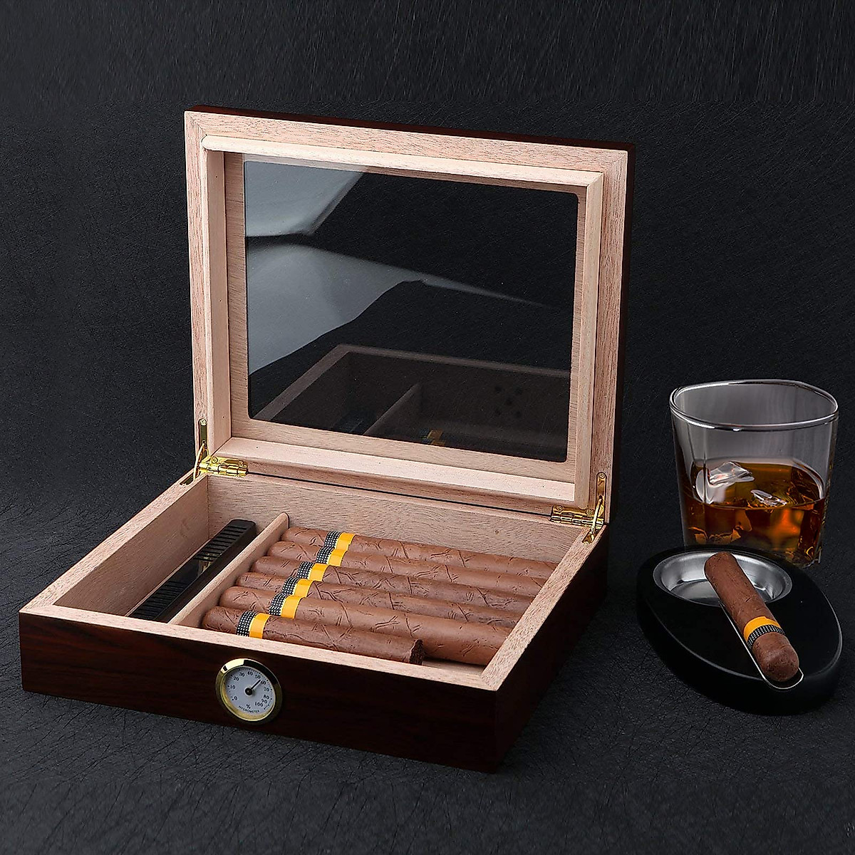 Bald Eagle Handmade Cigar Humidor, Cedar Cigar Desktop Box with Humidifier and Hygrometer, Glass Top for 25 Cigars (20-25 Cigars)