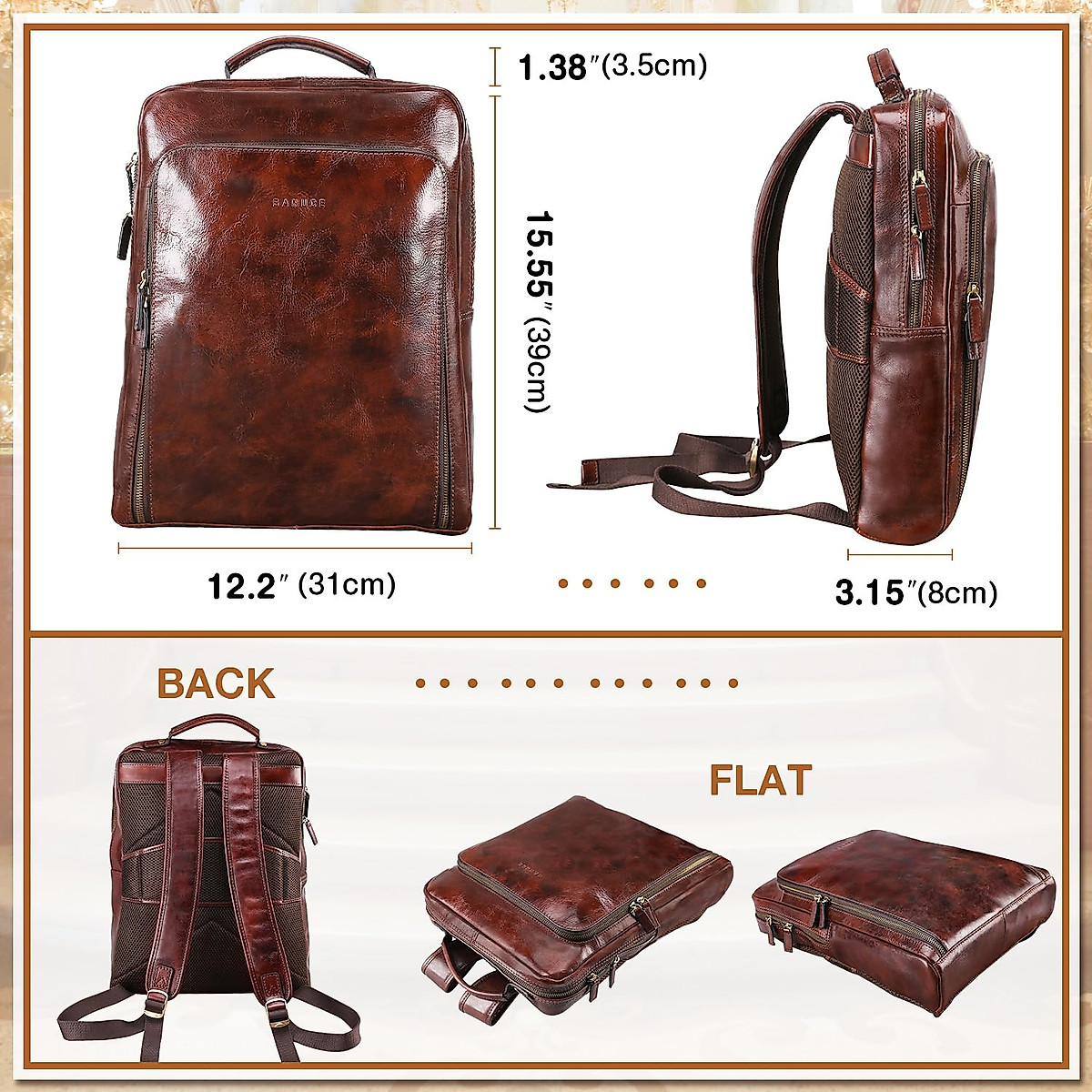 Banuce Vintage Full Grain Italian Leather Backpack for Men Travel Laptop Backpack Work Bag with Luggage Strap Brown