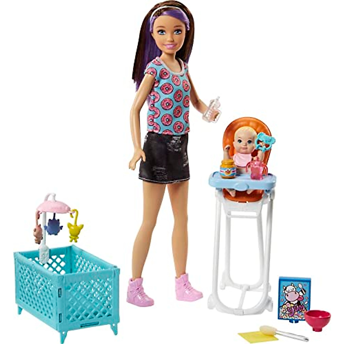 Barbie Skipper Babysitters Inc Dolls & Accessories, Set with Skipper Doll, Color-Change Baby Doll, High Chair & Crib
