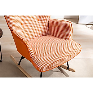 Tiophome Rocking Chair Nursery, Upholstered Glider Rocker Accent Chairs Padded Seat with High Backrest, Comfy Side Armchair for Nursing, Living Room, Bedroom, Office, Linen/Leather, Houndstooth Orange