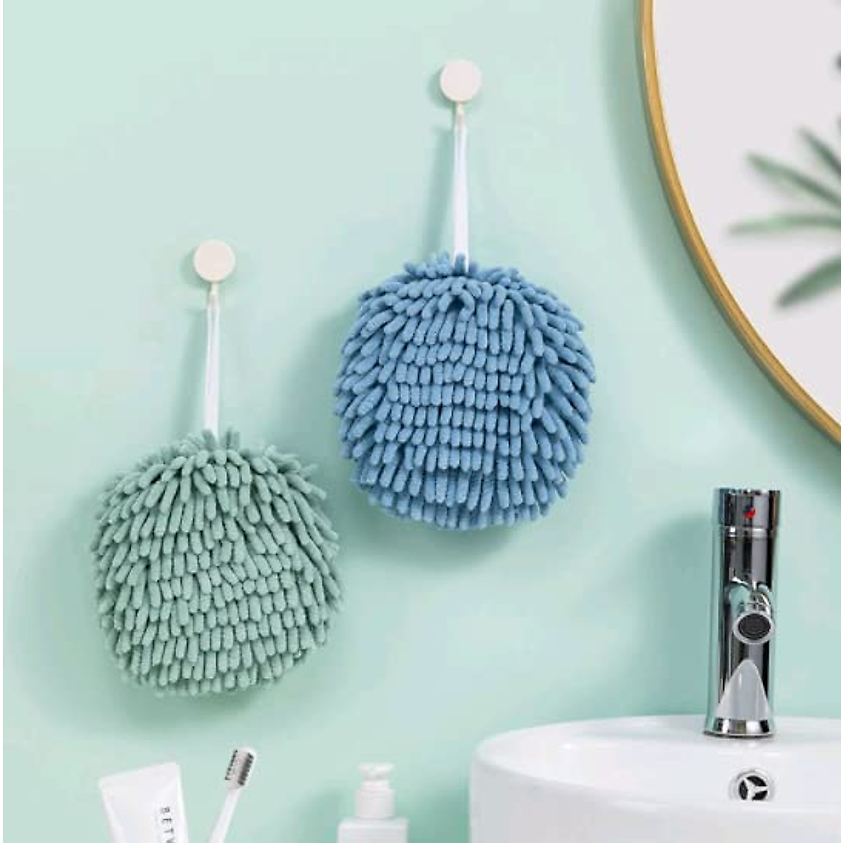 ASEANAO 2 PCS Chenille Hanging Hand Towels Quick Dry Hanging Absorbent Soft Hand Bath Towel, Bathroom Fluffy Microfiber Decorative Towels Ball，Cleaning Cloth for Bathroom Kitchen (Light Blue)