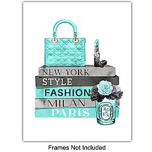 Blue Glam Wall Art - Designer Perfume, Shoes, Handbags - High Fashion Design Gift for Fashionista - Luxury Couture Wall Decor Poster Print Picture Set for Women, Girls Bedroom, Teens Room