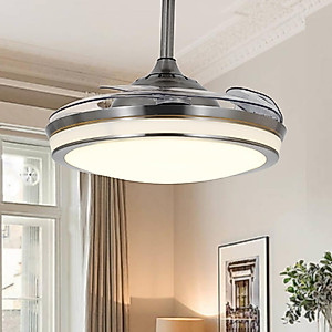 efperfect 48" Ceiling Fan Light Polished Chrome Clear Retractable Blades 3 Color Changes 3 Speeds LED Ceiling Fan with Remote Control for Living Room Bedroom Restaurant Kitchen