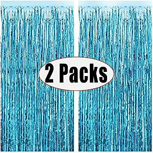 2pcs 3ft x 8.3ft Light Blue Metallic Tinsel Foil Fringe Curtains Photo Booth Props for Birthday Wedding Engagement Bridal Shower Baby Shower Bachelorette Holiday Celebration Party Decorations