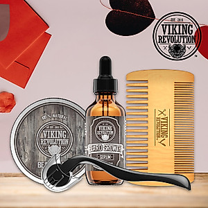 Beard Growth Kit - Oil, Balm, Serum, Derma Roller & Wooden Comb for Beard & Mustache Growth