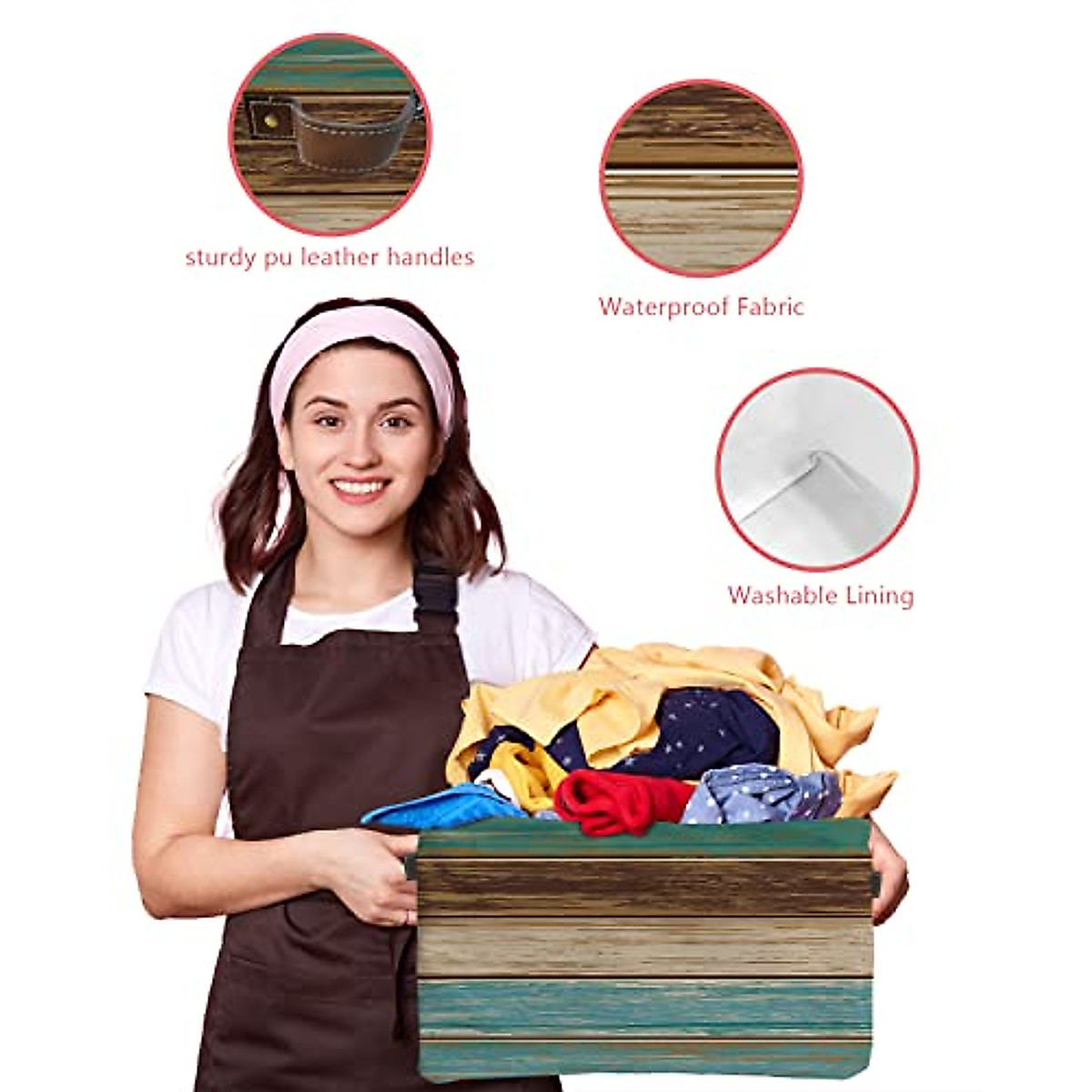 Storage Bins Retro Rustic Barn Wood Teal Green Brown Storage Box Foldable Storage Basket for Shelves Storage Cubes Bin for Organizing Closet Nursery Toy Organizers with Handles