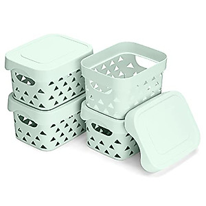 Navaris Plastic Storage Baskets with Lids (Set of 4) - 8.7" L x 6.9" W x 5.1" H - Stackable Basket Organizing Containers Bins with Lid - Mint Green