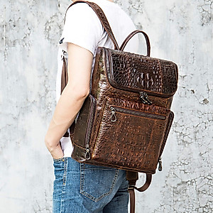 Premium Leather 14 Inch Laptop Backpack Large Capacity Daypack for Travel Hiking Camping, Crocodile Embossed Black