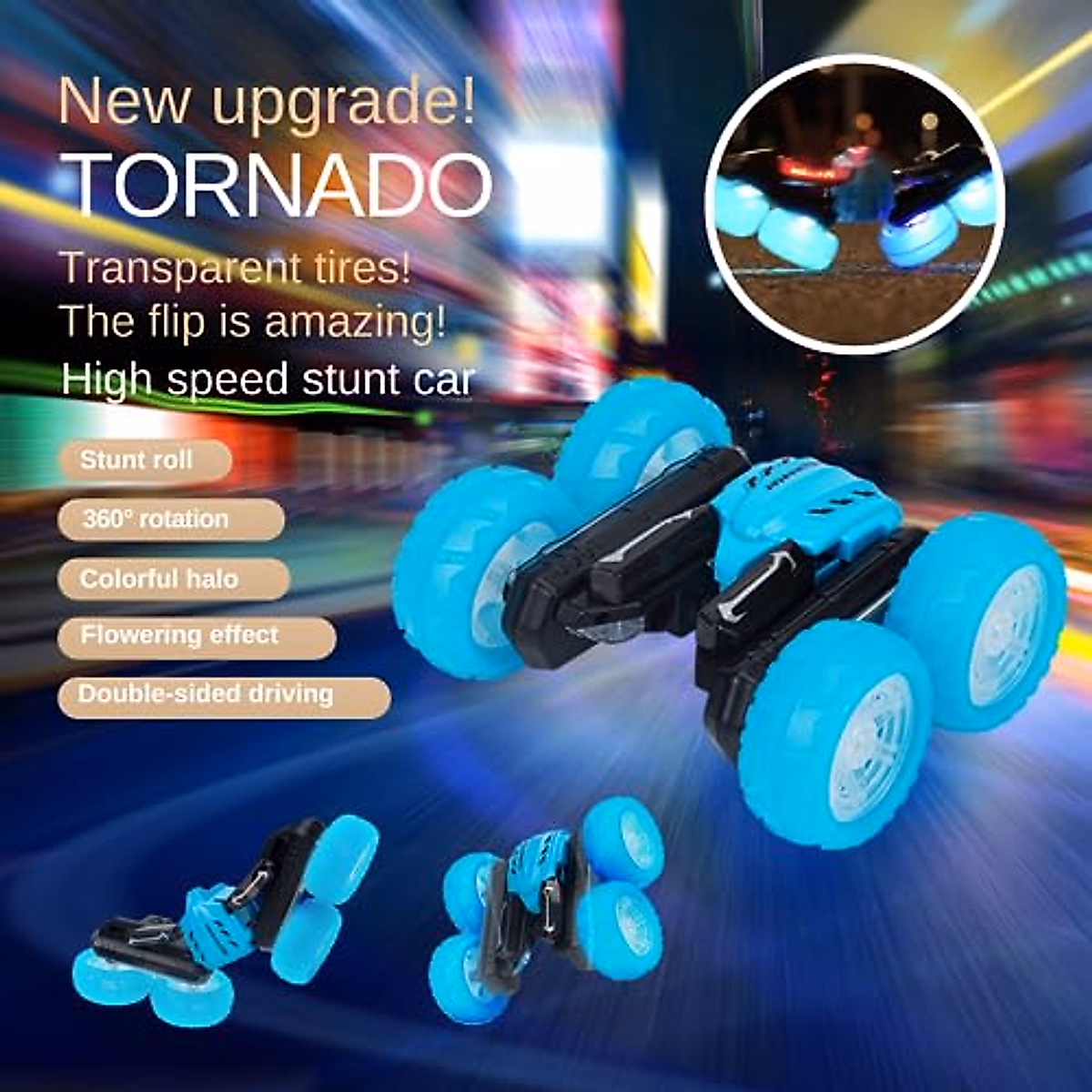 Obsiusfb RC Stunt Car for Kids with Wheel Lights and Headlights, 2.4GHz Double Sided 360° Rotating RC Car, High Speed Rechargeable Remote Control Crawler for Boys & Girls (Blue)