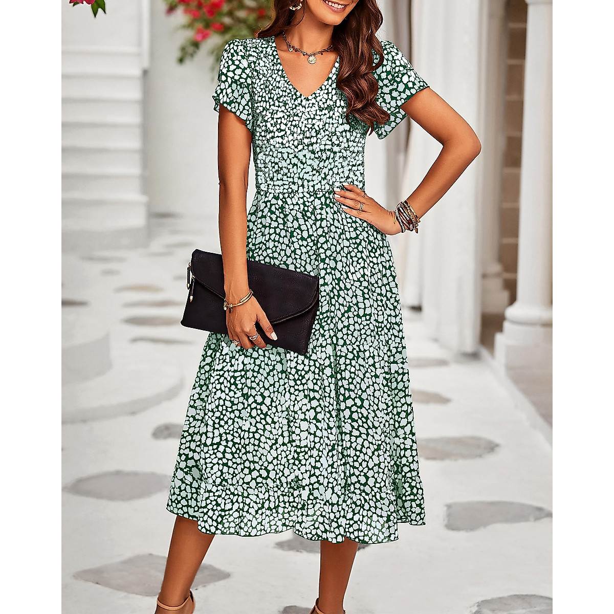 BTFBM Women Casual Summer Short Ruffles Tiered Sleeve Smocked Midi Dresses Bohemian Floral V Neck Wedding Guest Long Dresses