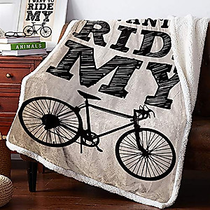 Sherpa Fleece Throw Blanket I Want to Ride My Bicycle Quotes Vintage Bike Silhouette Home Decor Reversible Fuzzy Warm and Cozy Throws,Super Soft Plush Bed TV Blankets for Couch/Sofa/TravelBlack White