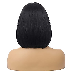 RightOn 12 Inches Black Bob Wig with Bangs Short Straight Synthetic Wigs for Women Cosplay Daily Party Hairnet Included