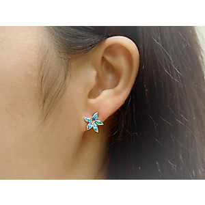 Sterling Silver Synthetic Blue Opal Plumeria Starfish Stud Earrings