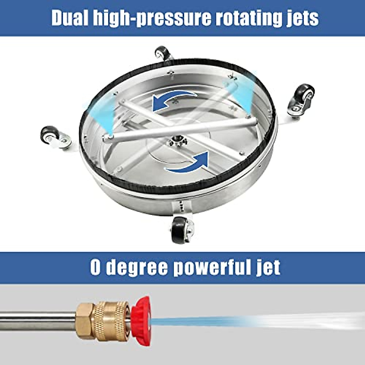 JANZ 20'' Pressure Washer Surface Cleaner with 4 wheels, Stainless Steel Housing, 1/4" Quick Plug, 2 Extension Wands, 2 Replacement Nozzles and 3 Spray Nozzles, 4000 PSI